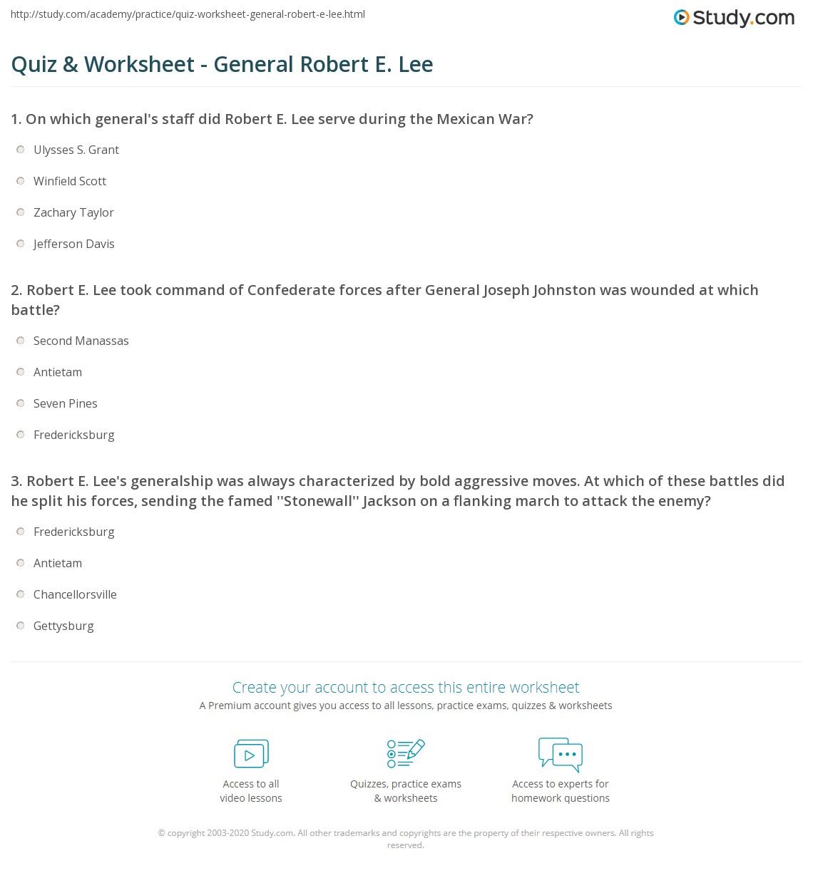 Quiz & Worksheet - General Robert E. Lee | Study.com
