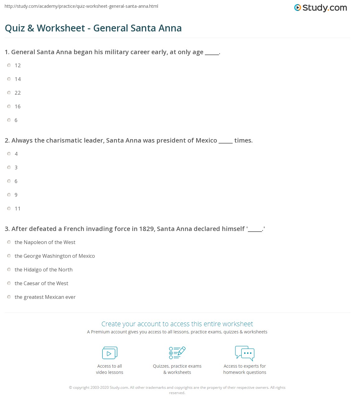Quiz & Worksheet - General Santa Anna | Study.com