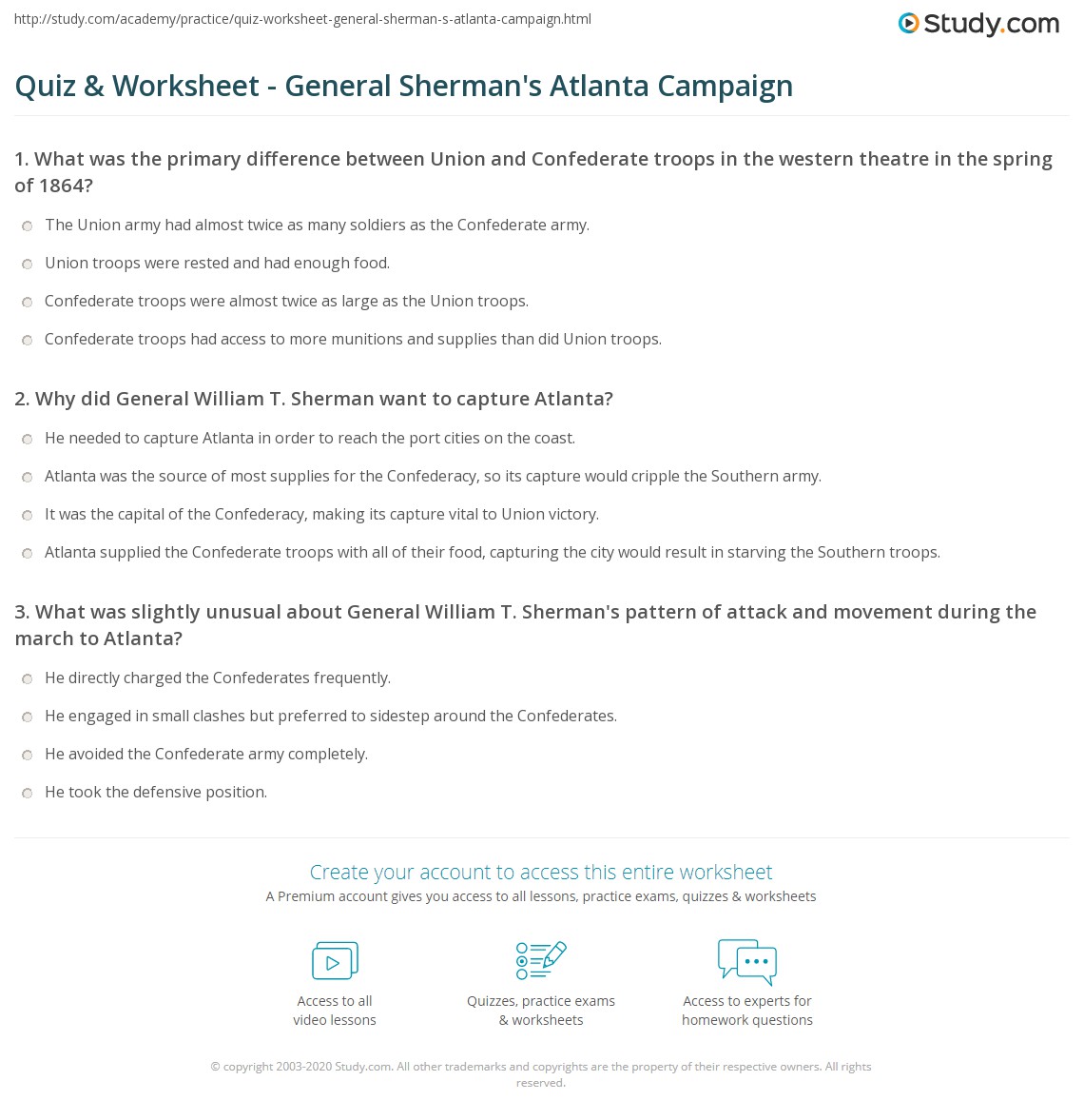 Quiz & Worksheet - General Sherman's Atlanta Campaign | Study.com