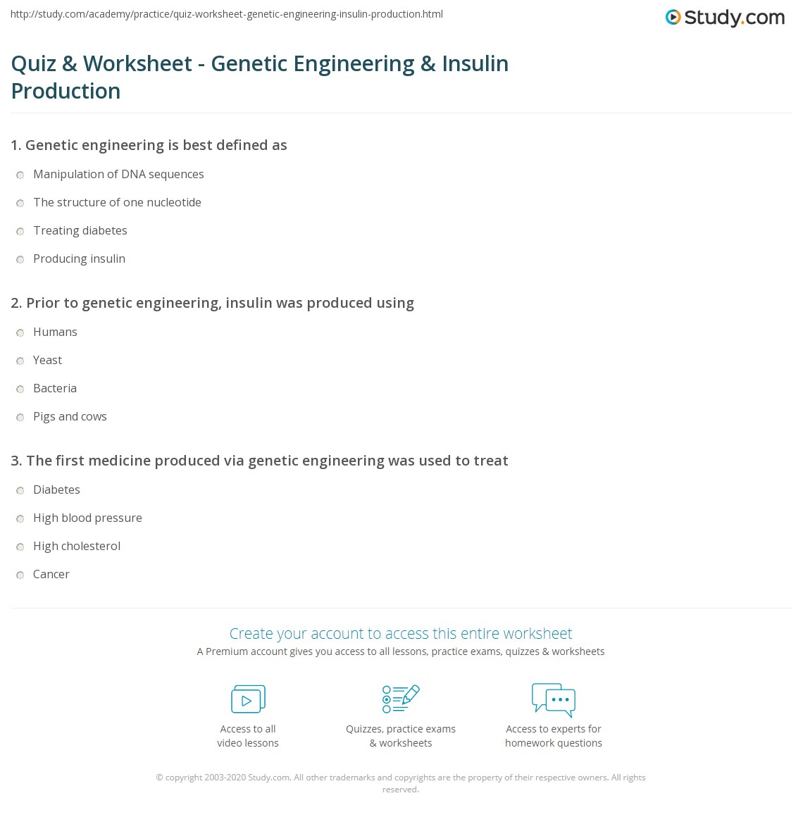 Quiz & Worksheet - Genetic Engineering & Insulin Production | Study.com