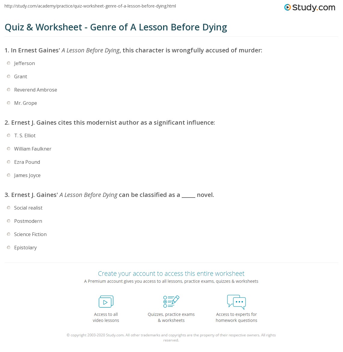 Quiz & Worksheet - Genre of A Lesson Before Dying | Study.com