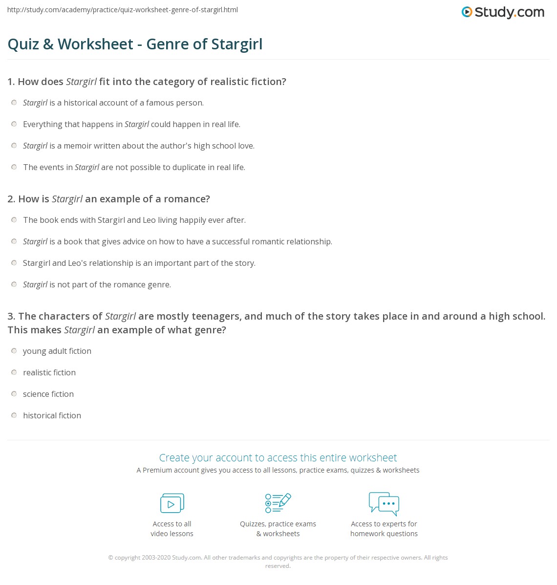 Quiz & Worksheet - Genre of Stargirl | Study.com