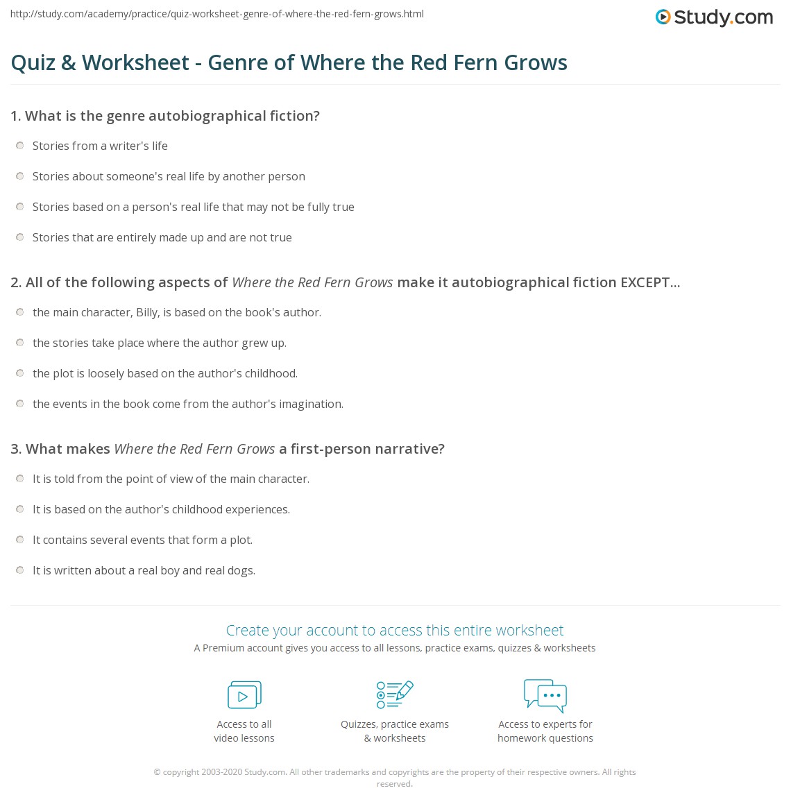 Quiz & Worksheet - Genre of Where the Red Fern Grows | Study.com