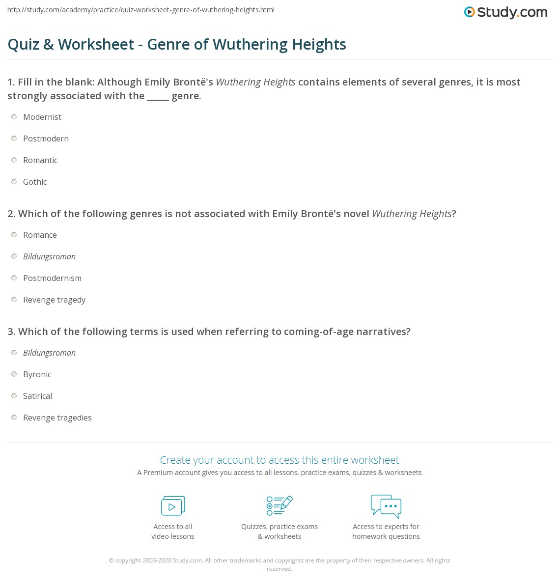 Quiz & Worksheet - Genre of Wuthering Heights | Study.com