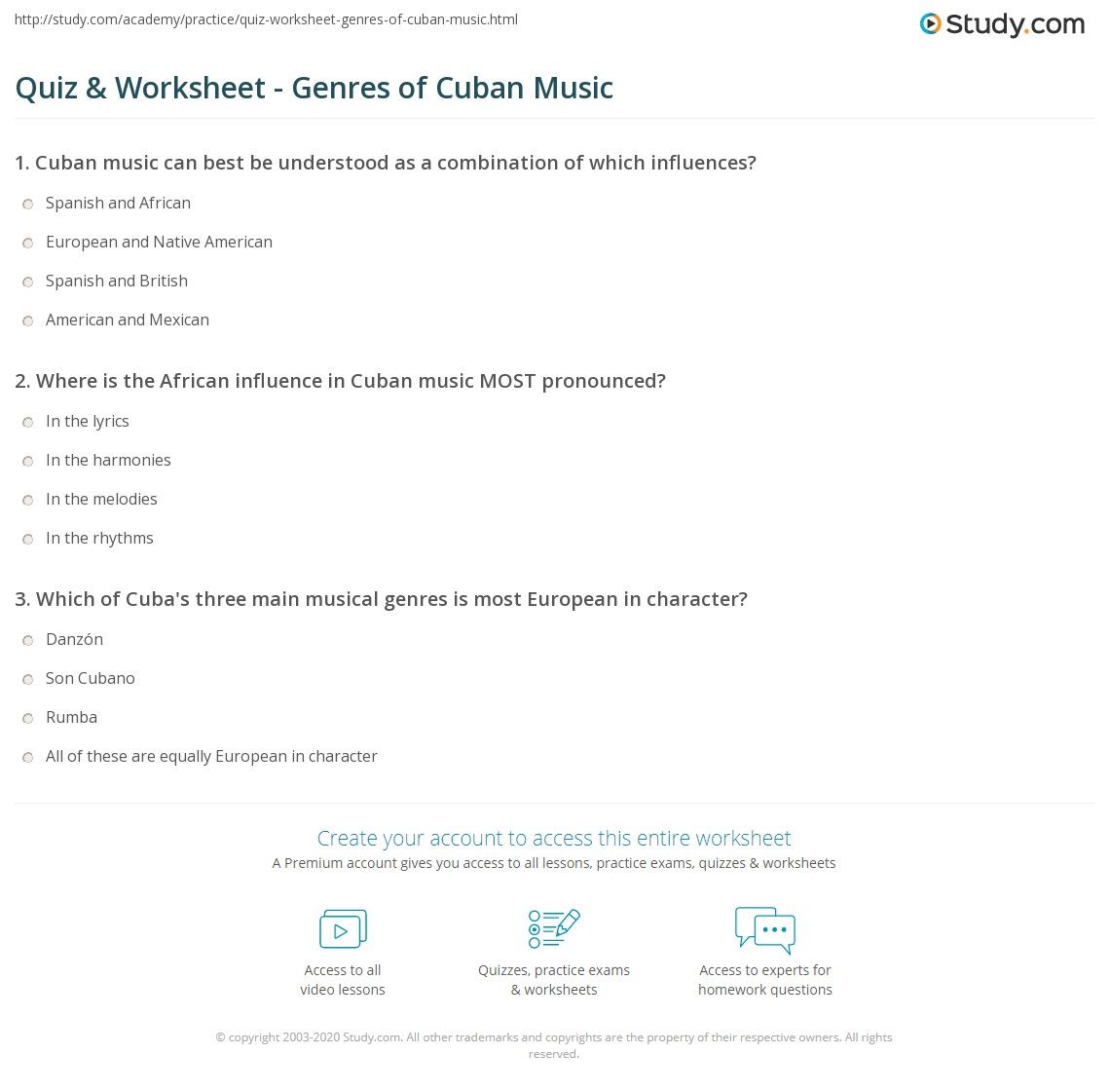 Quiz & Worksheet - Genres of Cuban Music | Study.com