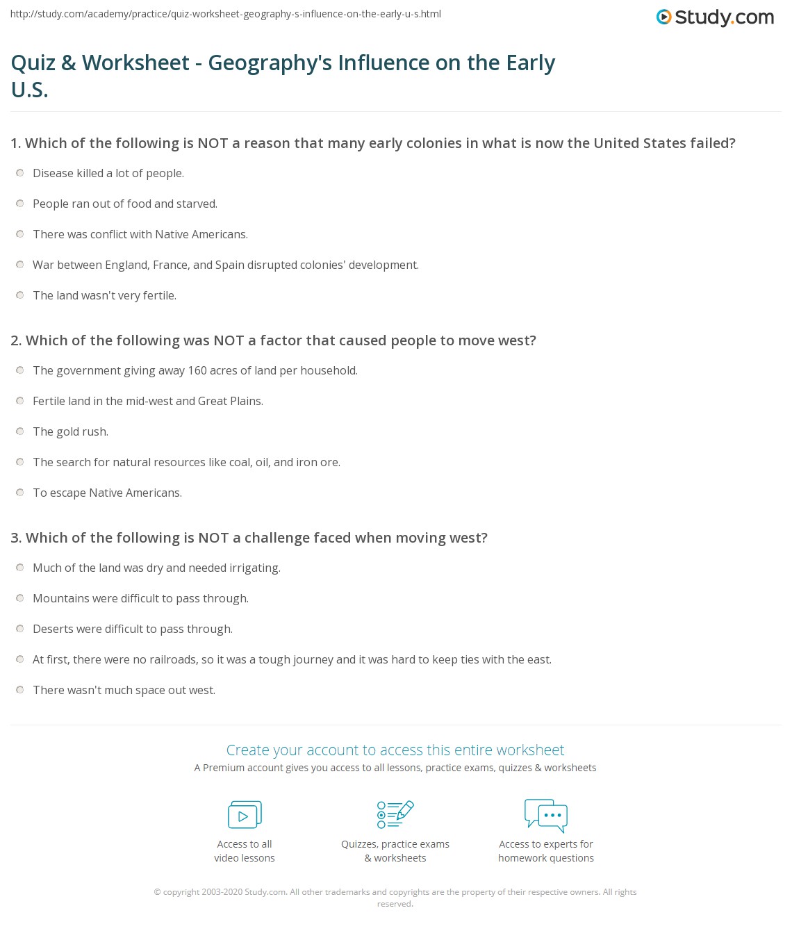 Quiz & Worksheet - Geography's Influence on the Early U.S. | Study.com