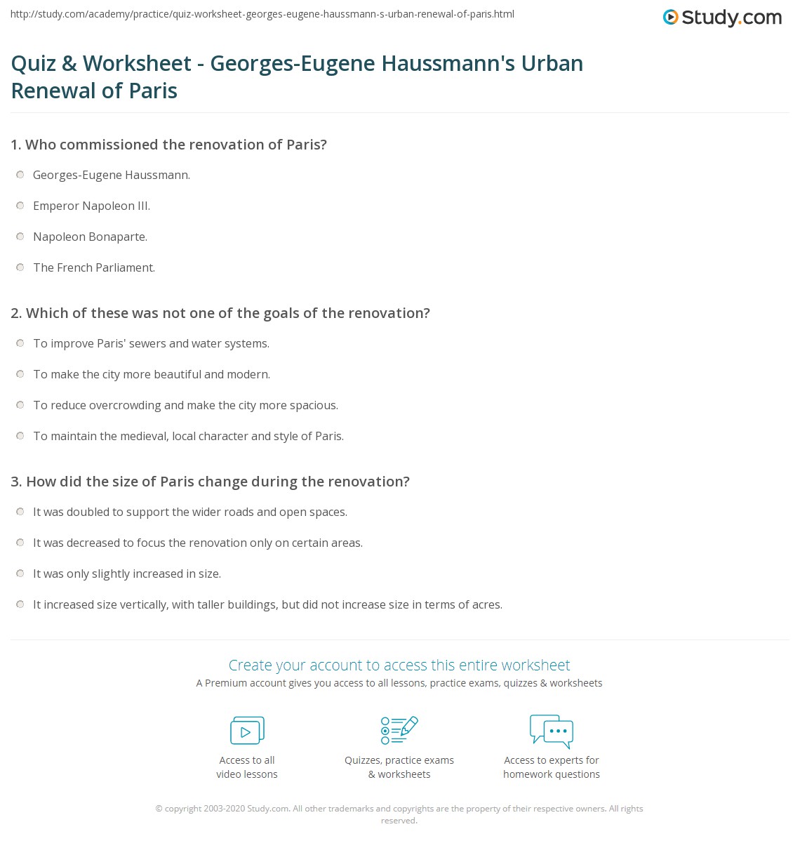 Quiz & Worksheet - Georges-Eugene Haussmann's Urban Renewal of Paris ...