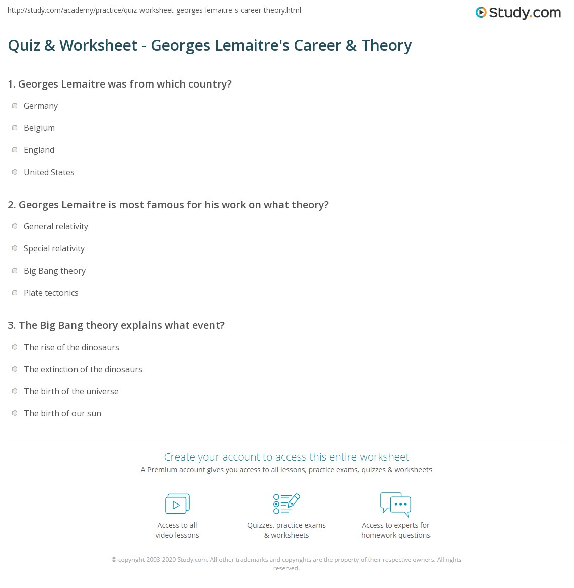 Quiz & Worksheet - Georges Lemaitre's Career & Theory | Study.com
