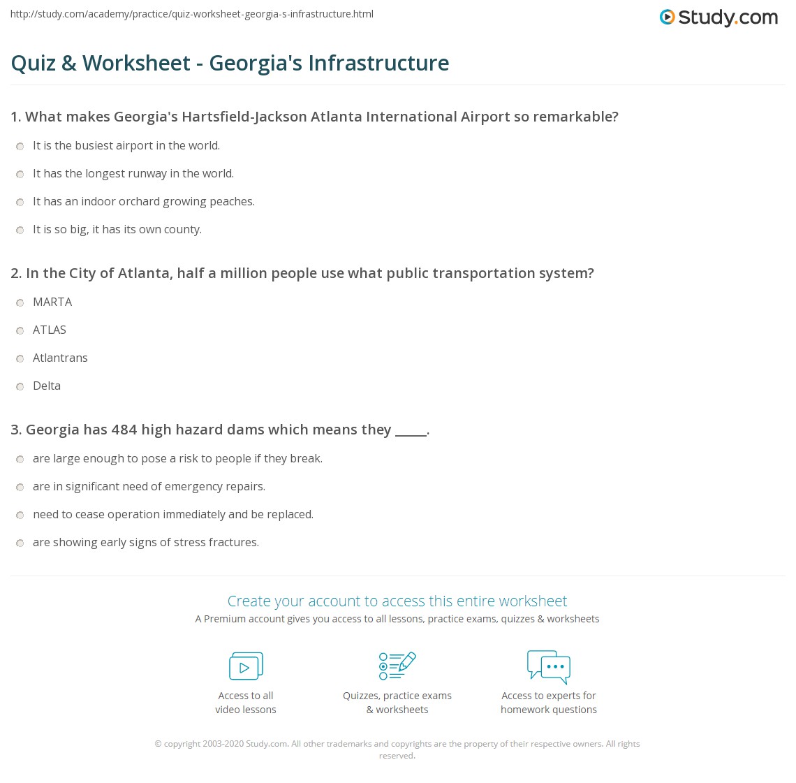 Quiz & Worksheet - Georgia's Infrastructure | Study.com