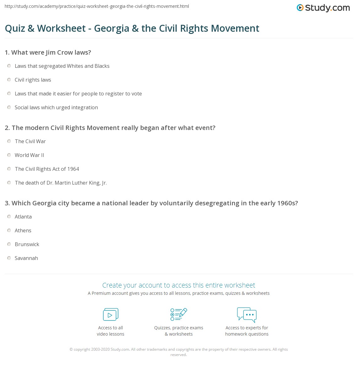 Quiz & Worksheet - Georgia & the Civil Rights Movement | Study.com