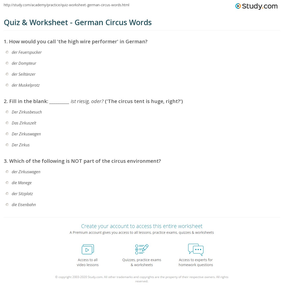 Quiz & Worksheet - German Circus Words | Study.com