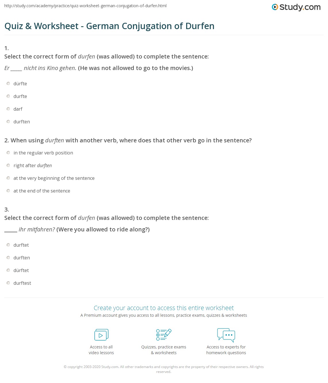 Quiz & Worksheet - German Conjugation of Durfen | Study.com