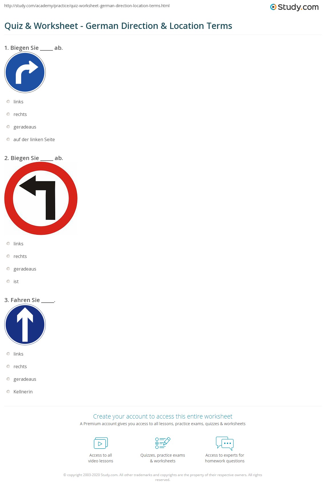 Quiz & Worksheet - German Direction & Location Terms | Study.com