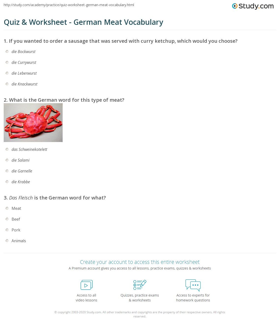Quiz & Worksheet - German Meat Vocabulary | Study.com
