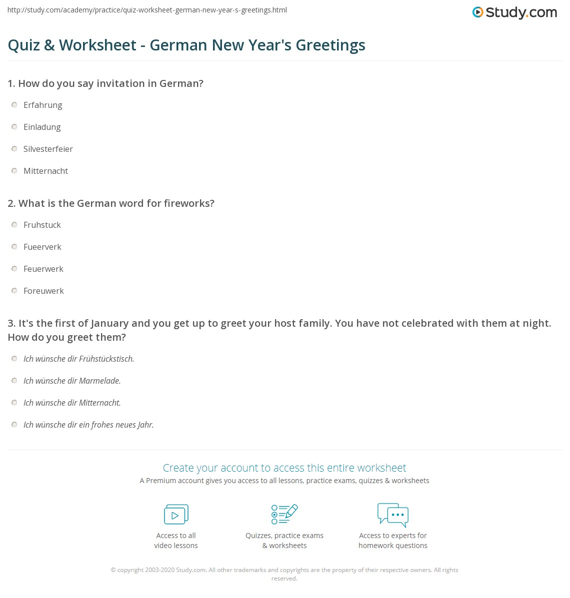 Quiz & Worksheet - German New Year's Greetings | Study.com