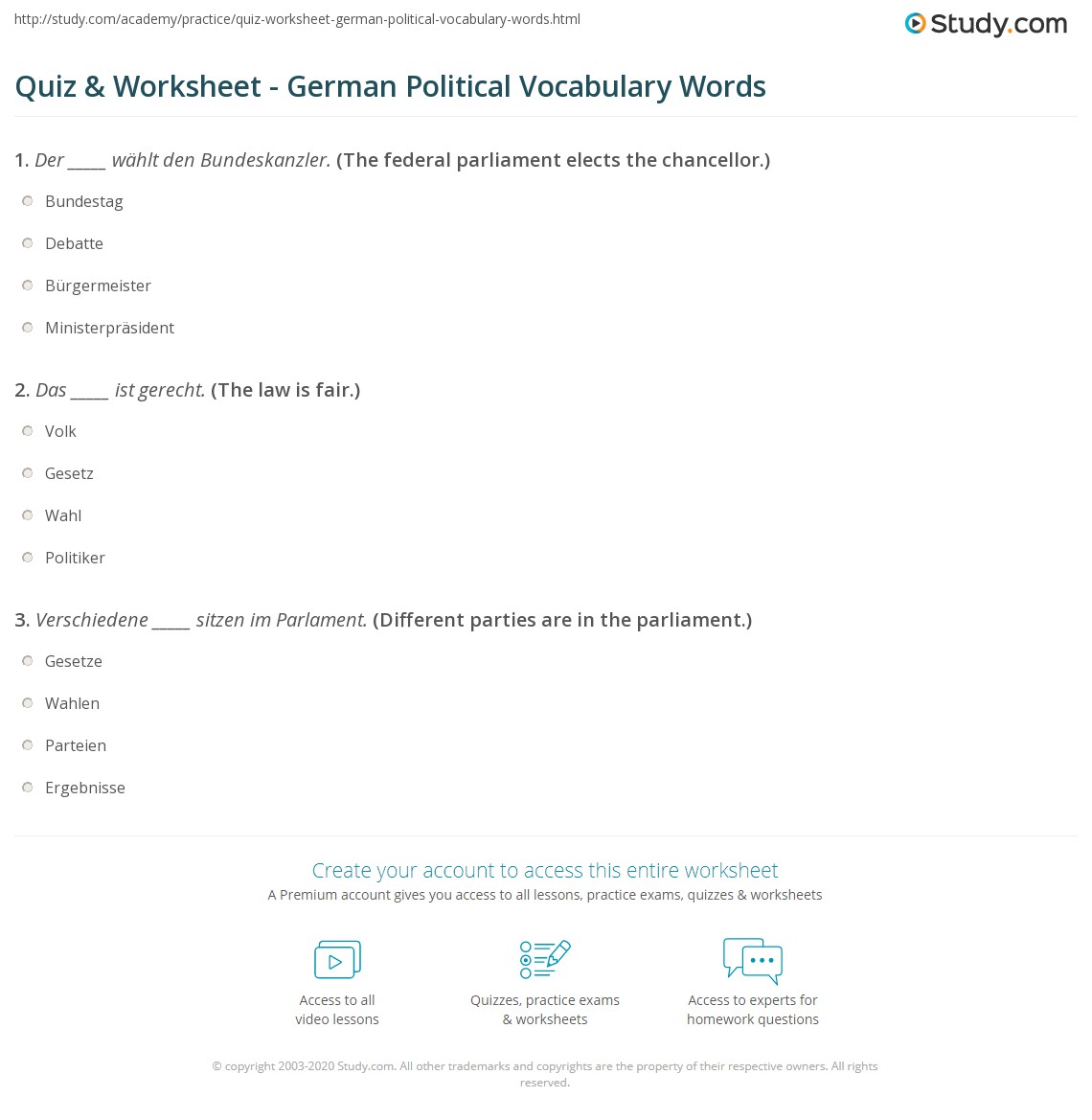Quiz & Worksheet - German Political Vocabulary Words | Study.com