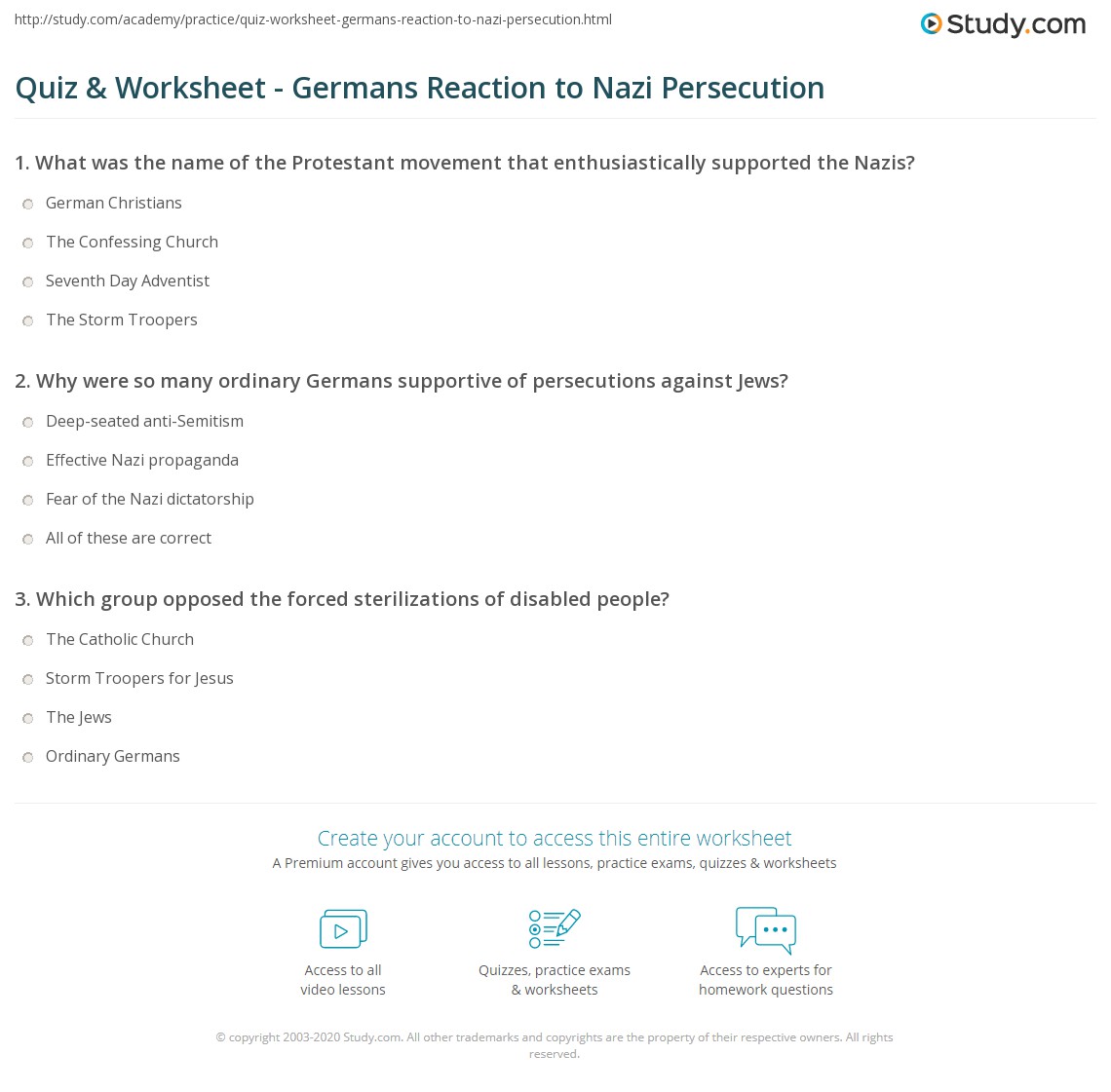 Quiz & Worksheet - Germans Reaction to Nazi Persecution | Study.com
