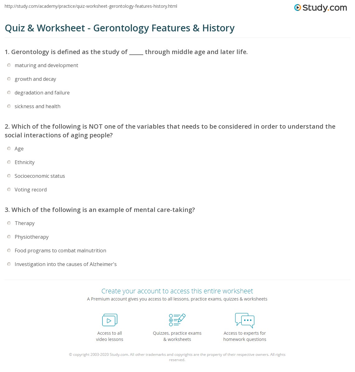 Quiz & Worksheet - Gerontology Features & History | Study.com