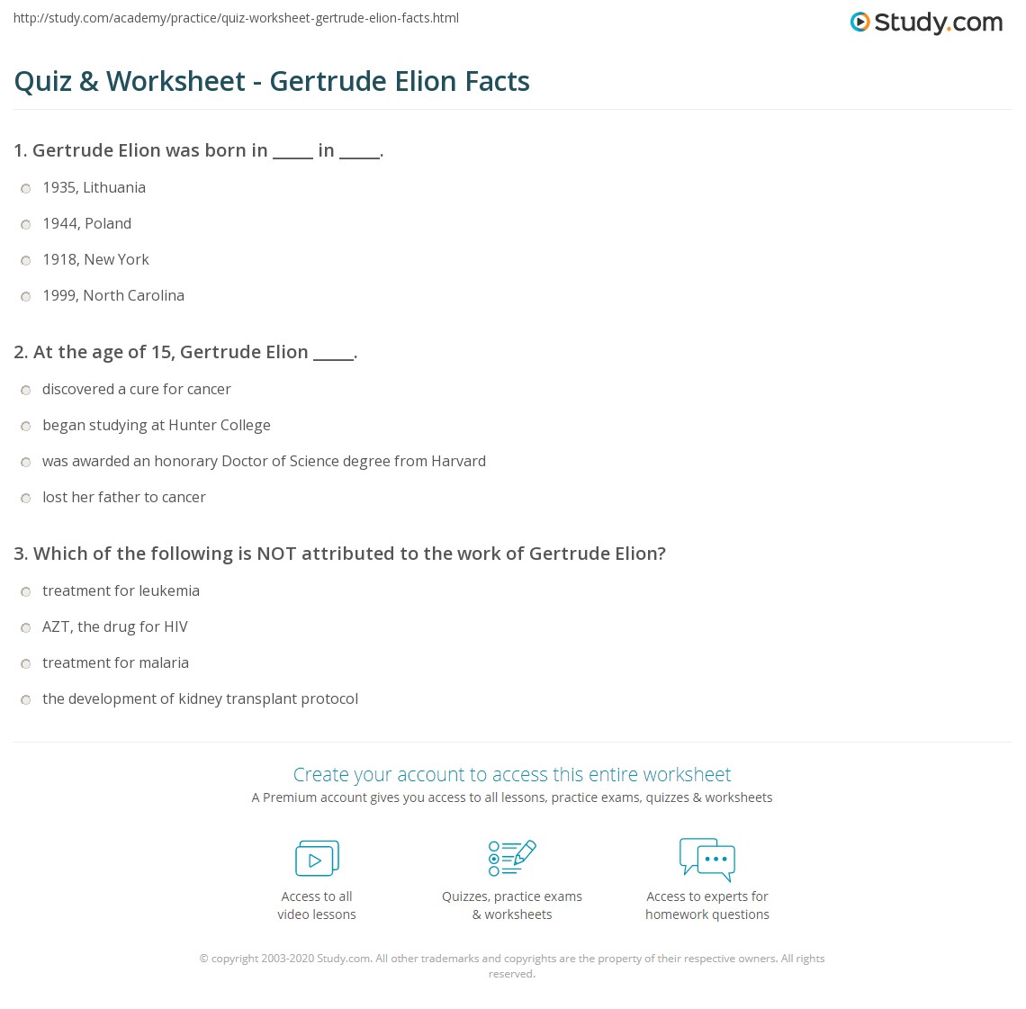 Quiz & Worksheet - Gertrude Elion Facts | Study.com