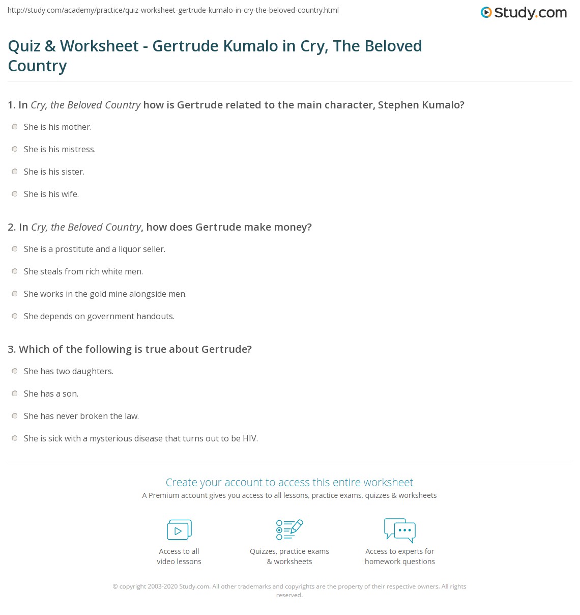 Quiz & Worksheet - Gertrude Kumalo in Cry, The Beloved Country | Study.com
