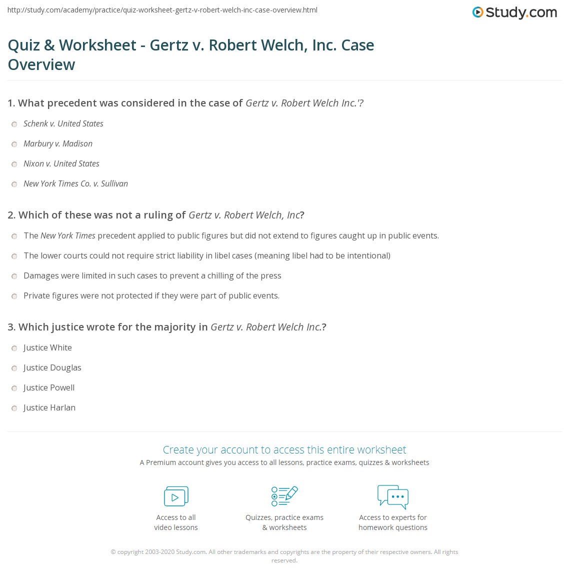 Quiz & Worksheet - Gertz v. Robert Welch, Inc. Case Overview | Study.com