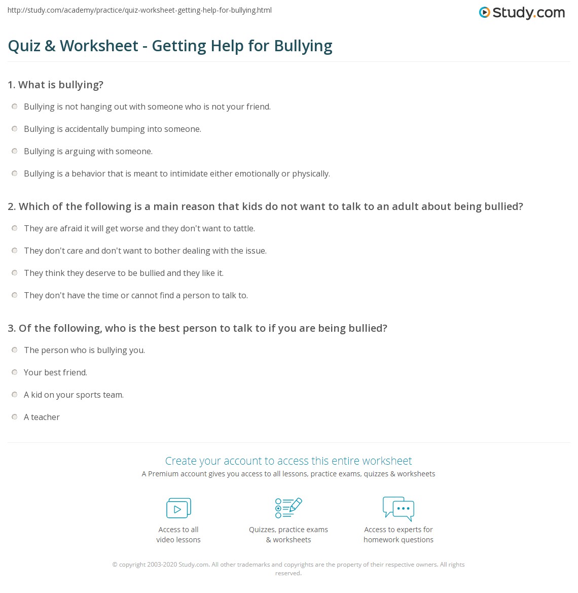 Quiz & Worksheet - Getting Help for Bullying | Study.com