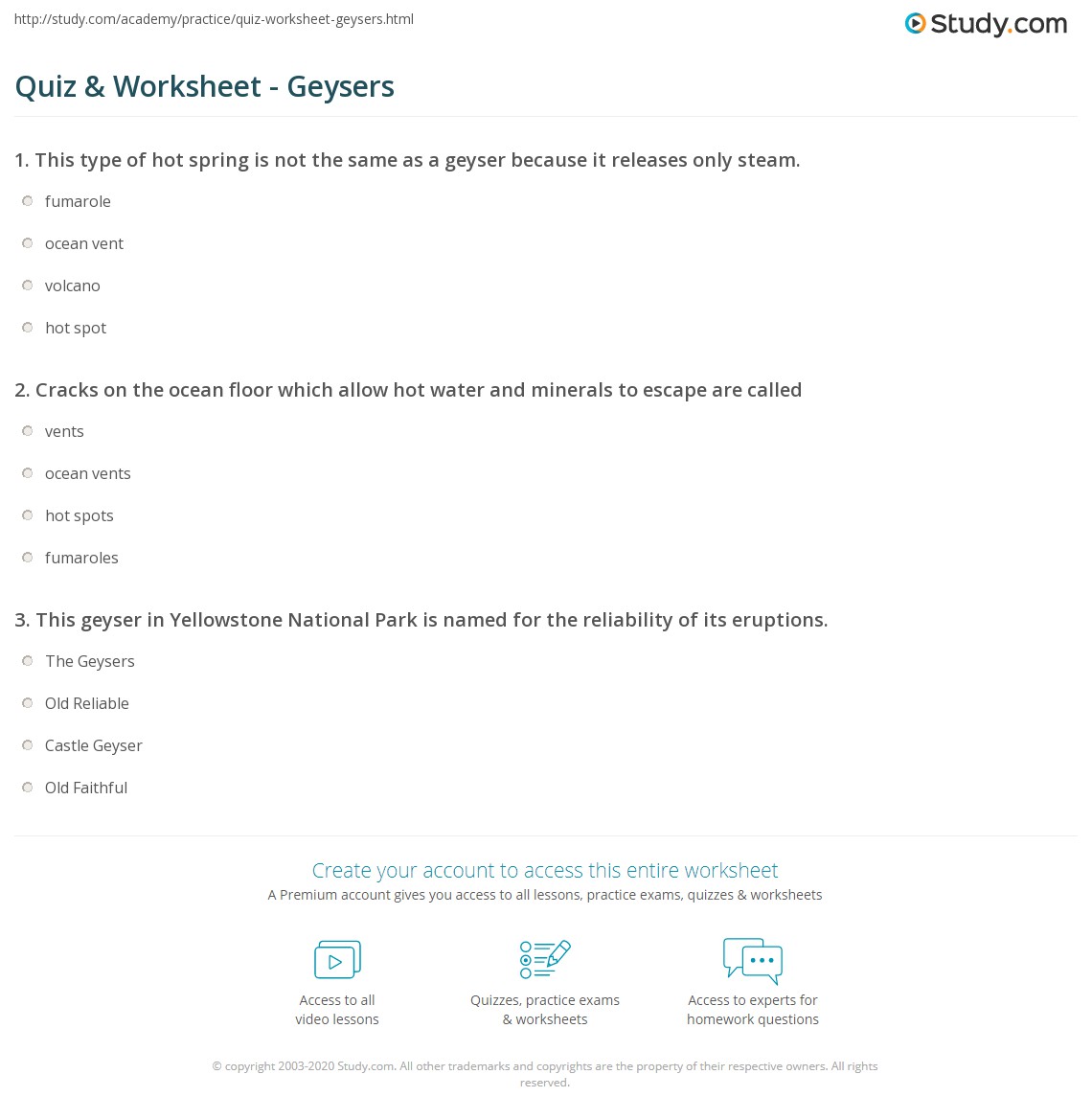 Quiz & Worksheet - Geysers | Study.com