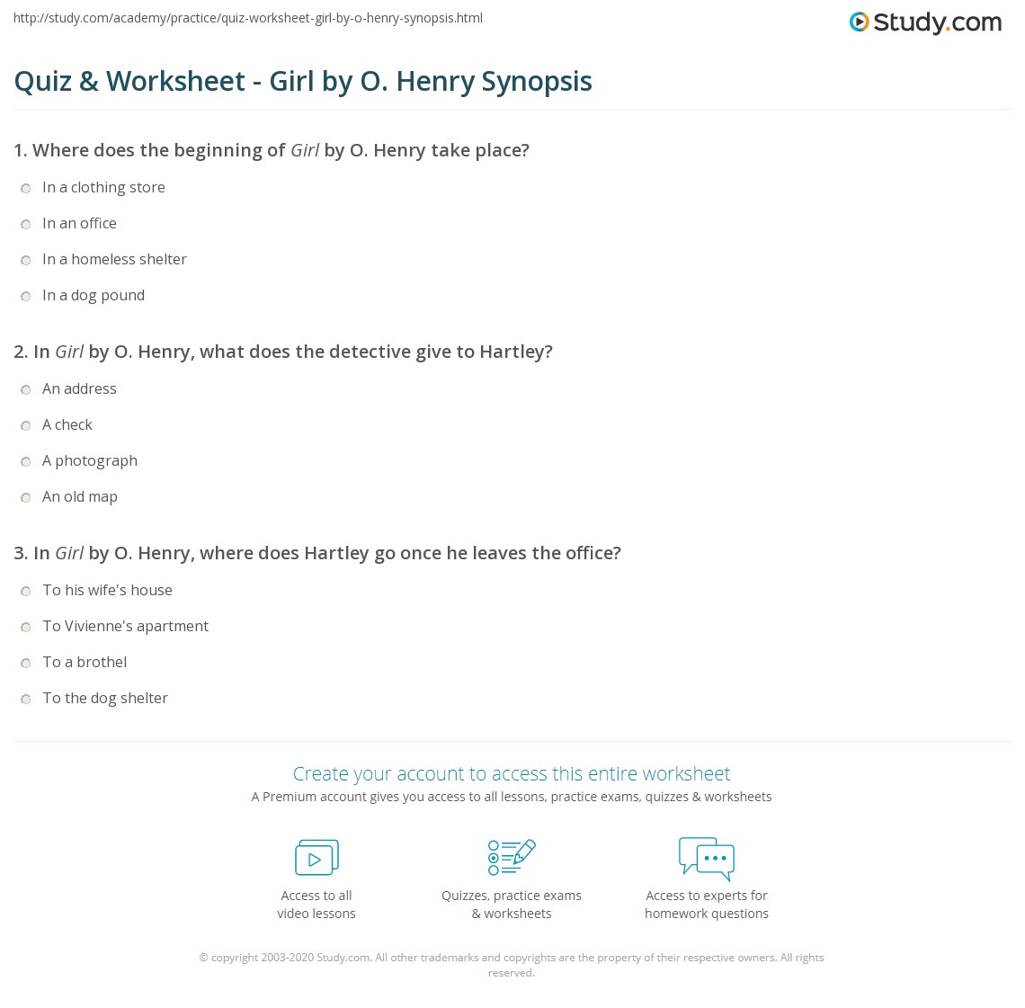 Quiz & Worksheet - Girl by O. Henry Synopsis | Study.com