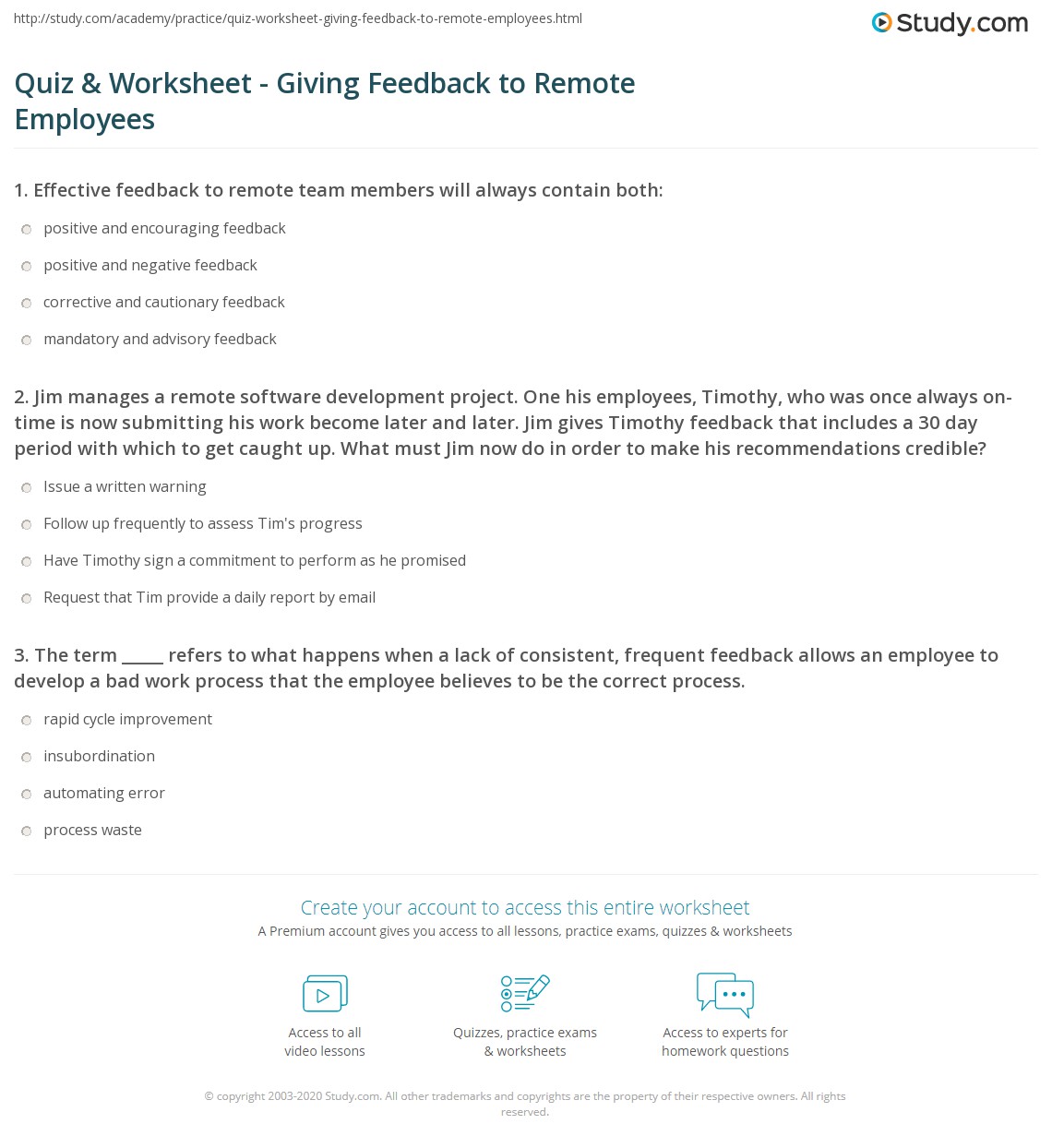 Quiz & Worksheet - Giving Feedback to Remote Employees | Study.com