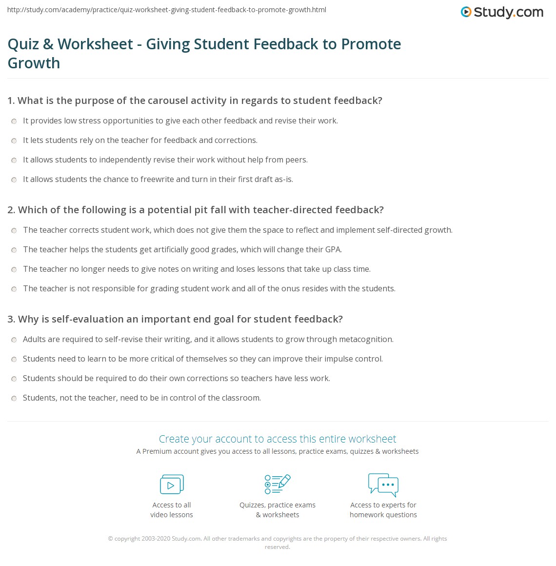 Quiz & Worksheet - Giving Student Feedback to Promote Growth | Study.com