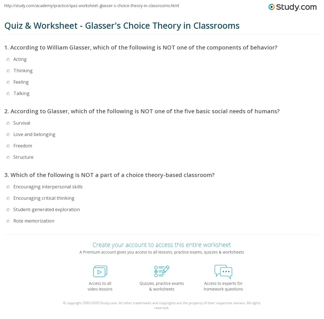 Quiz & Worksheet - Glasser's Choice Theory in Classrooms | Study.com