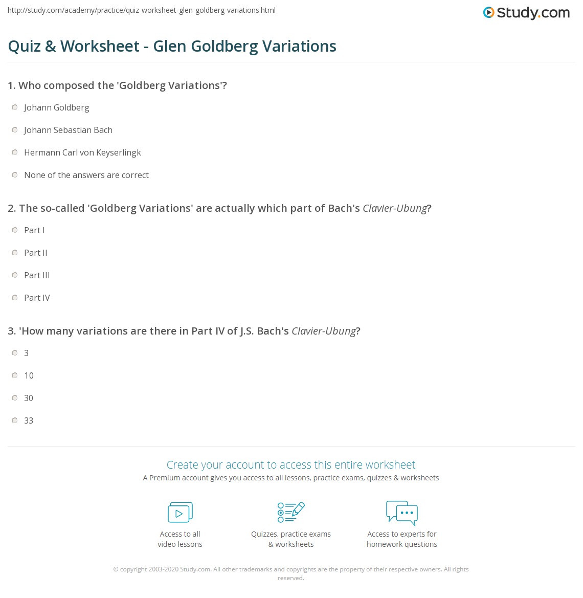 Quiz & Worksheet - Glen Goldberg Variations | Study.com