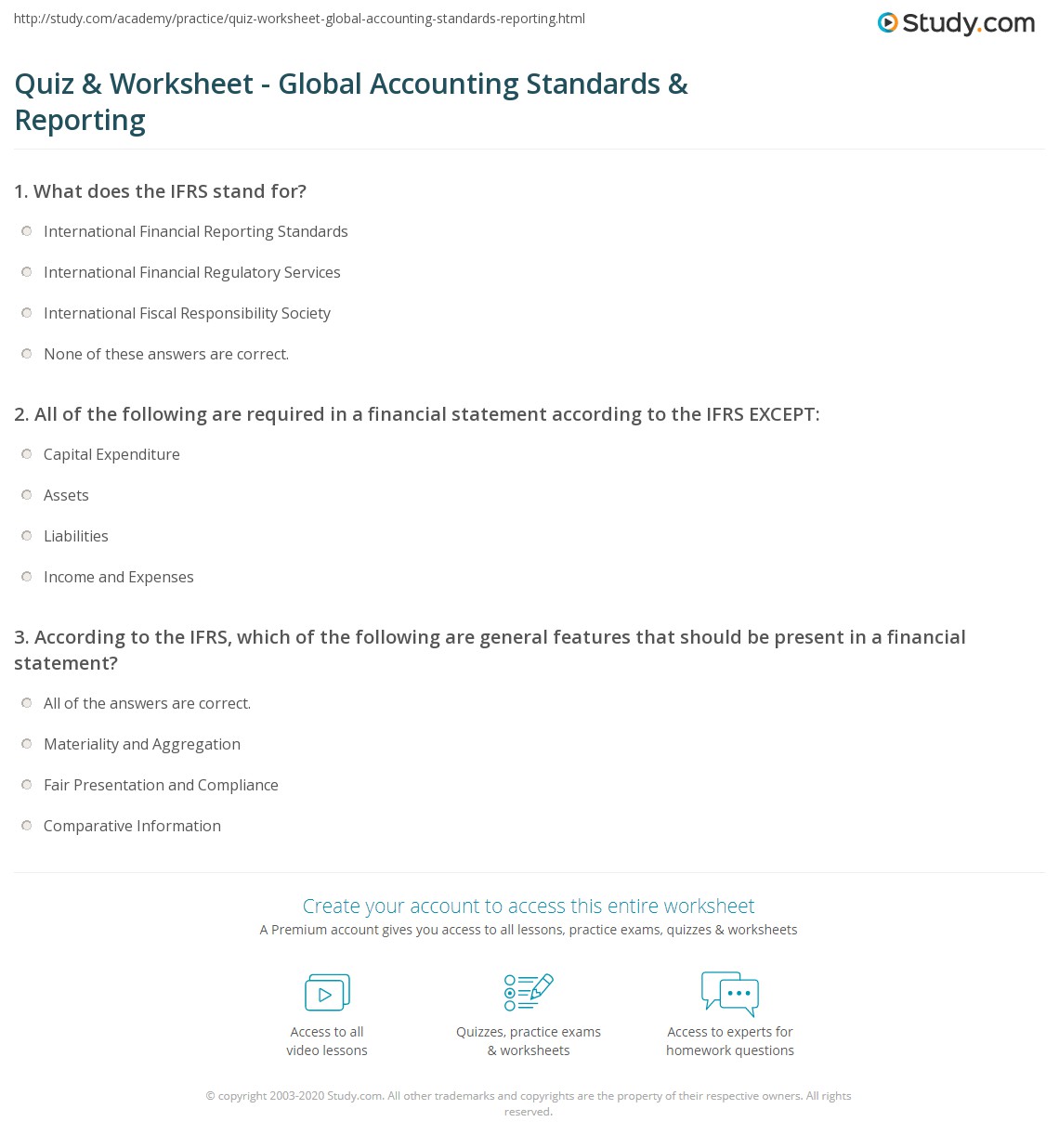 Quiz & Worksheet - Global Accounting Standards & Reporting | Study.com