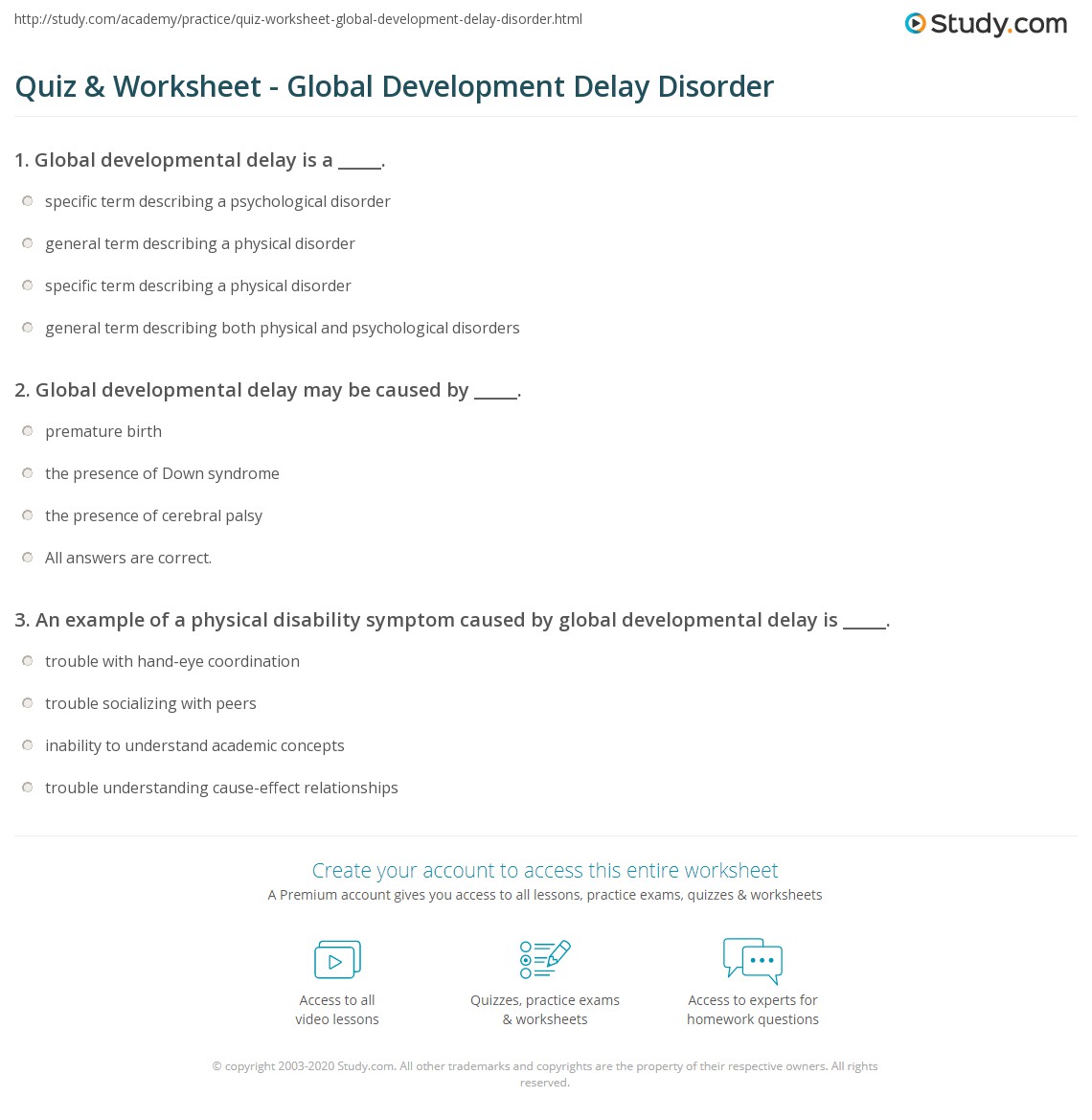 Quiz & Worksheet - Global Development Delay Disorder | Study.com