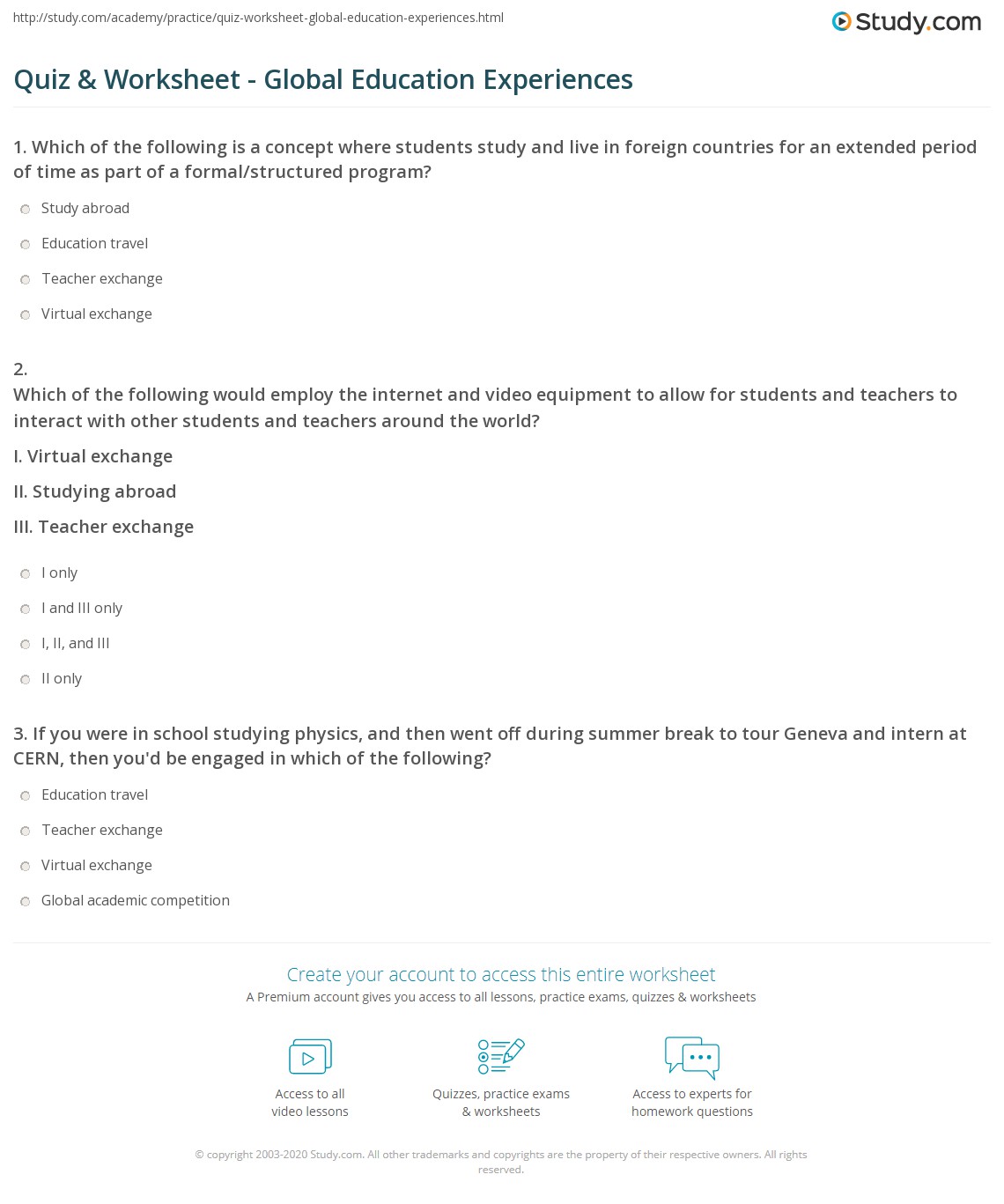 Quiz & Worksheet - Global Education Experiences | Study.com