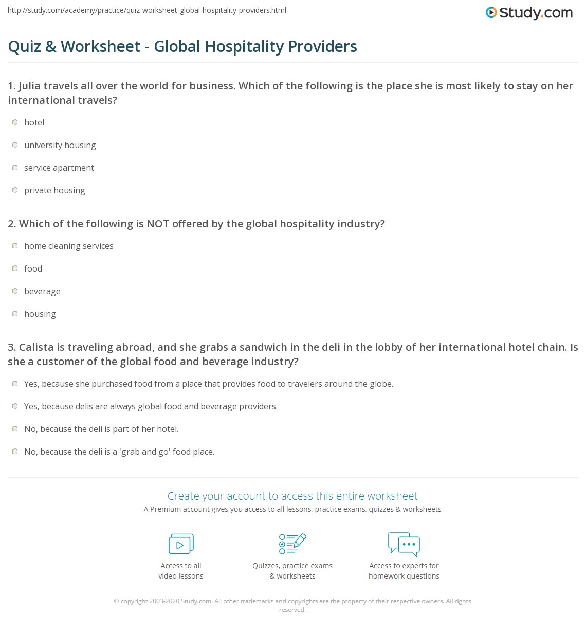 Quiz & Worksheet - Global Hospitality Providers | Study.com