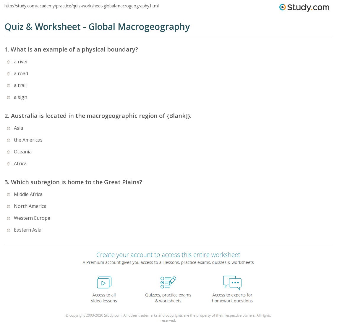 Quiz & Worksheet - Global Macrogeography | Study.com