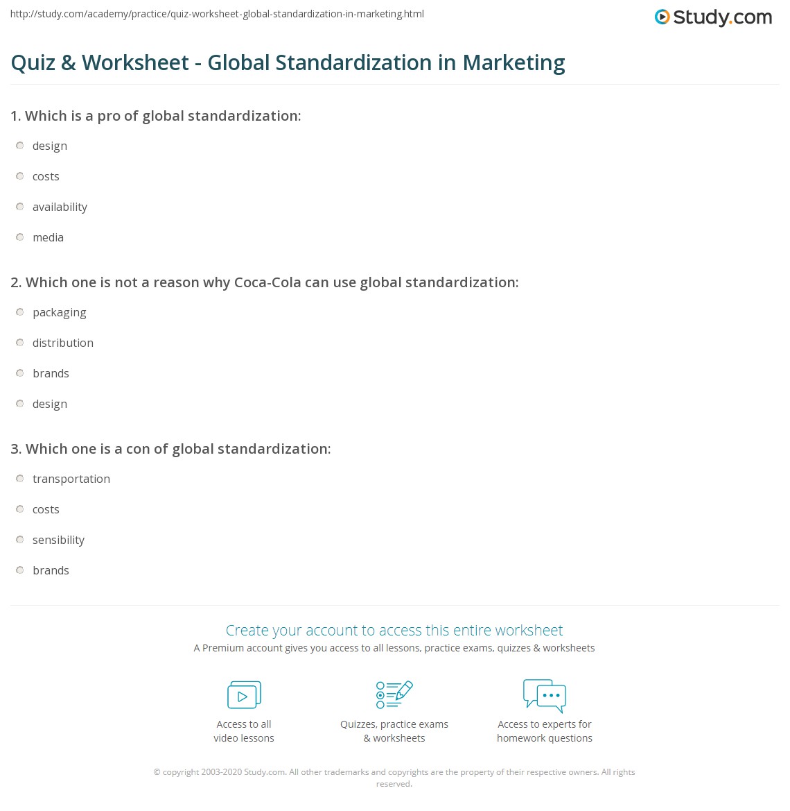 Quiz & Worksheet - Global Standardization in Marketing | Study.com