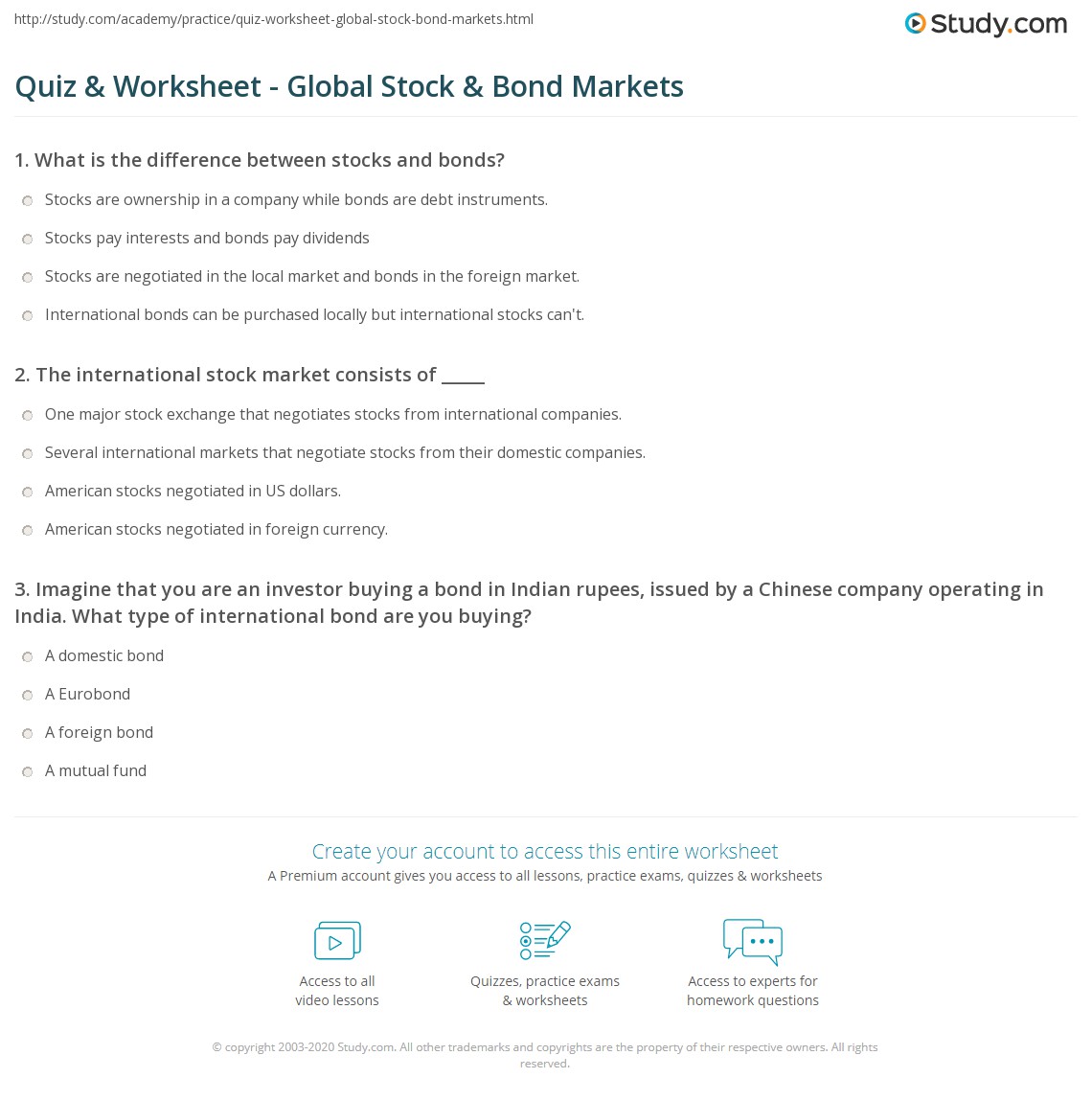 Quiz & Worksheet - Global Stock & Bond Markets | Study.com