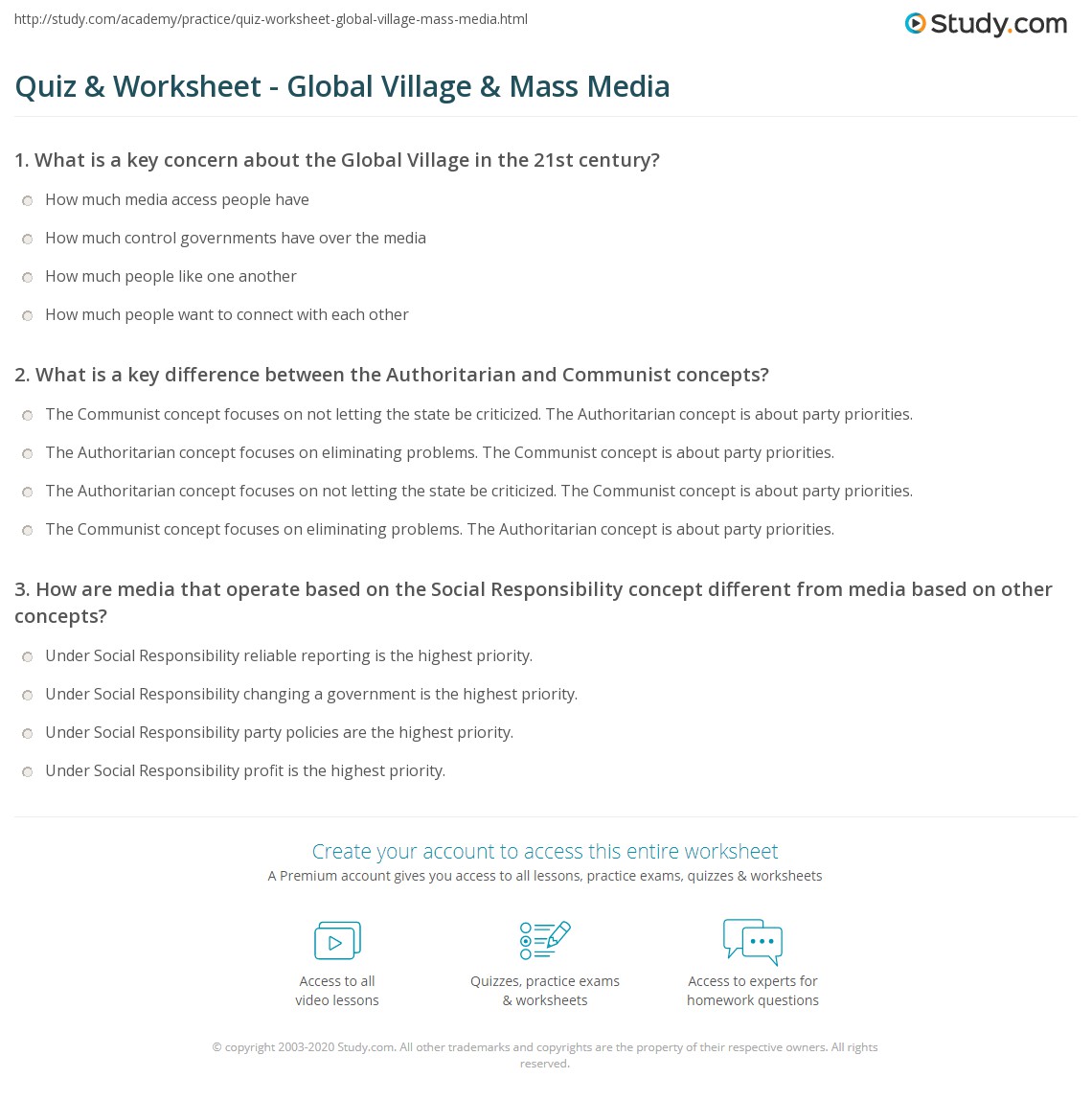 Quiz & Worksheet - Global Village & Mass Media | Study.com