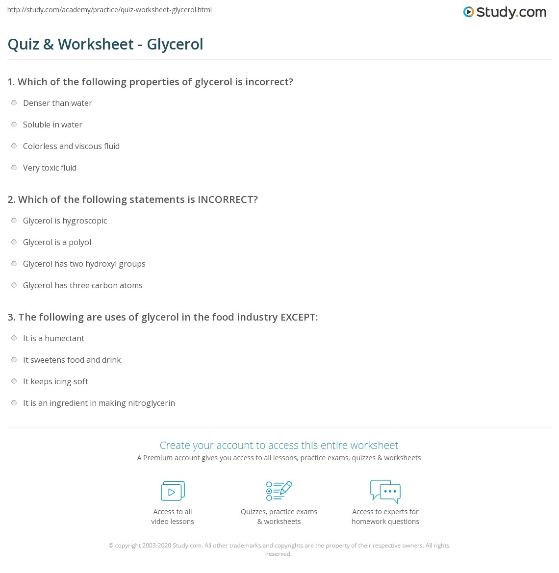 Quiz & Worksheet - Glycerol | Study.com