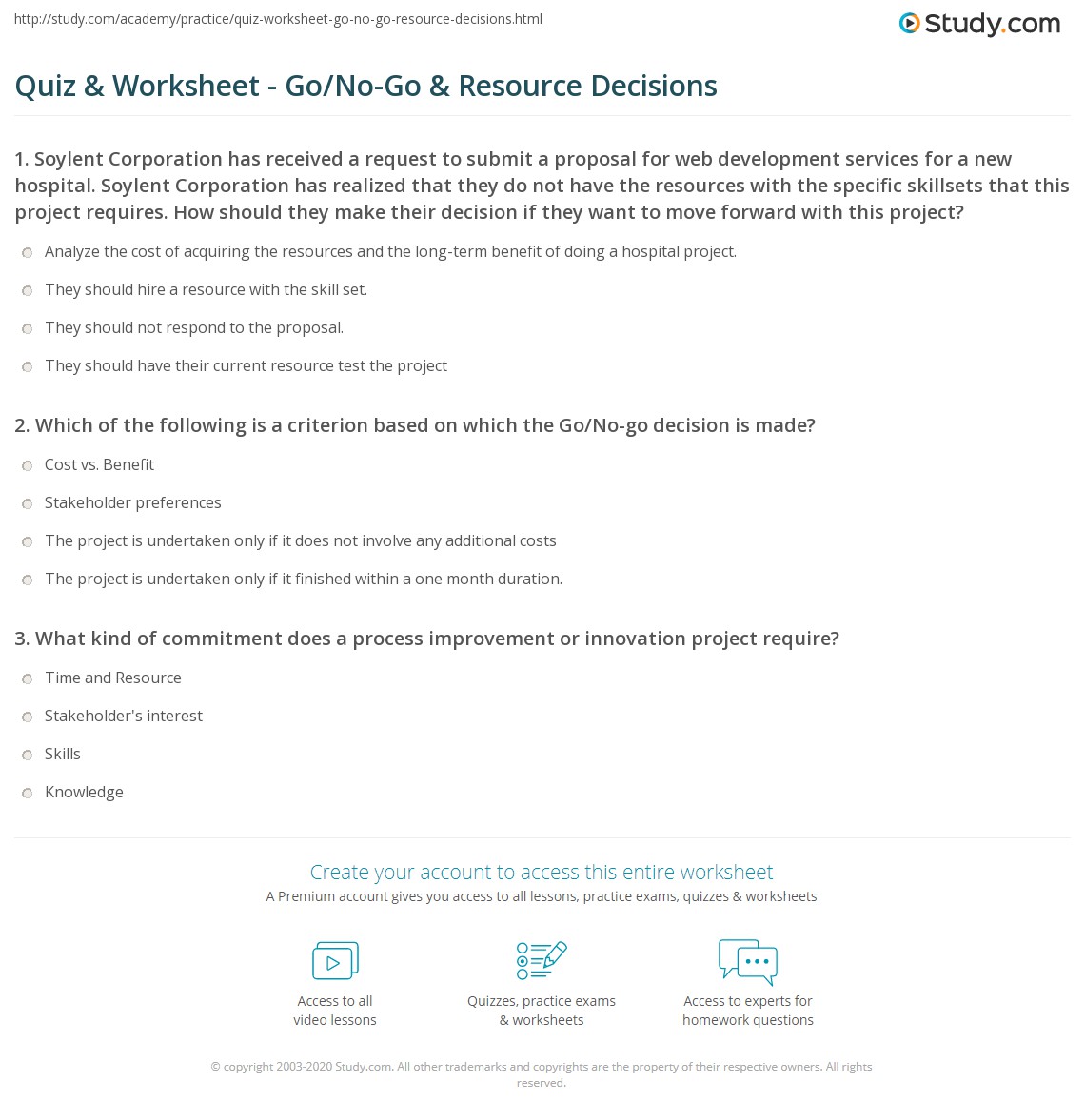 Quiz & Worksheet - Go/No-Go & Resource Decisions | Study.com