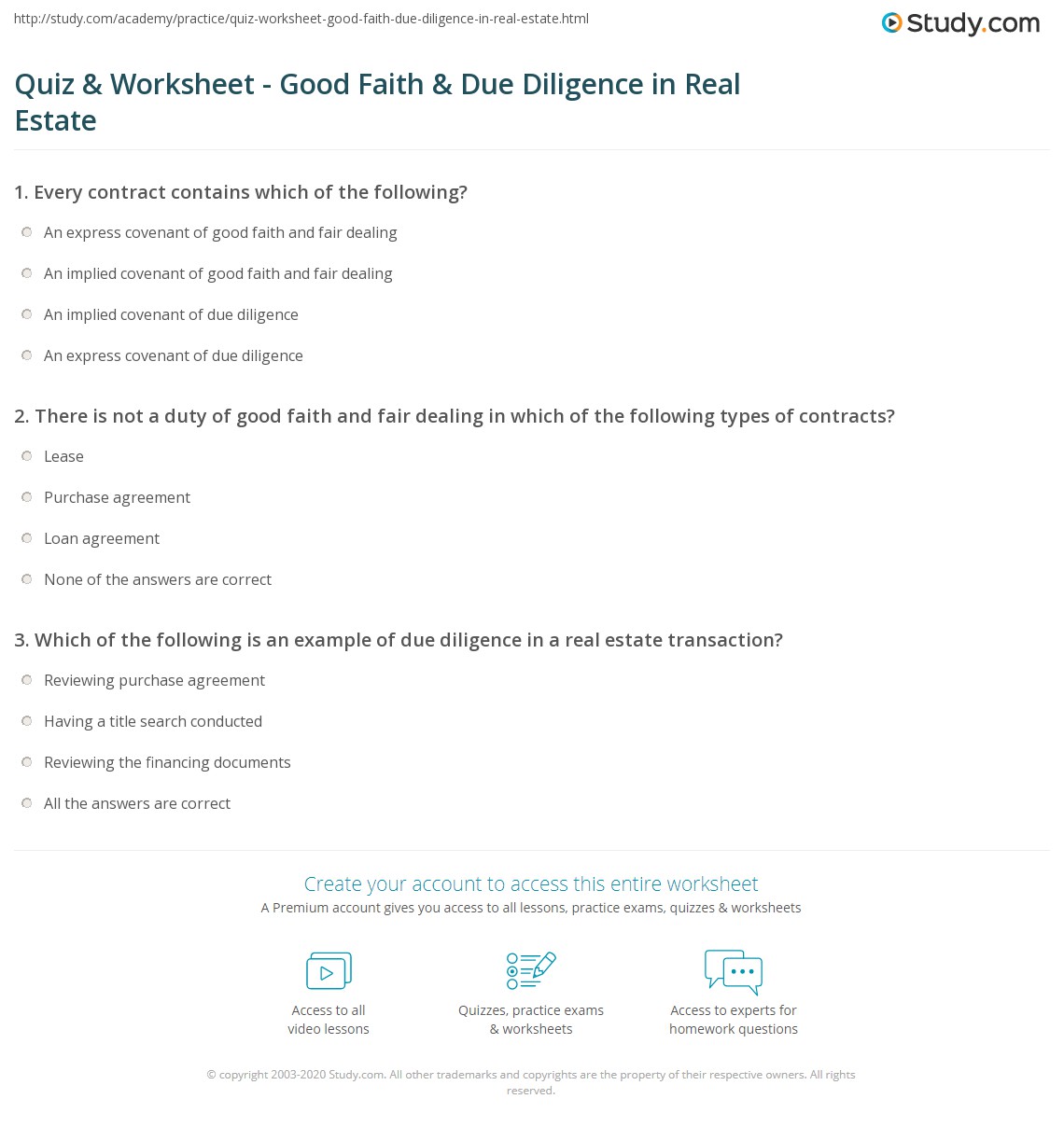 Quiz & Worksheet - Good Faith & Due Diligence in Real Estate | Study.com