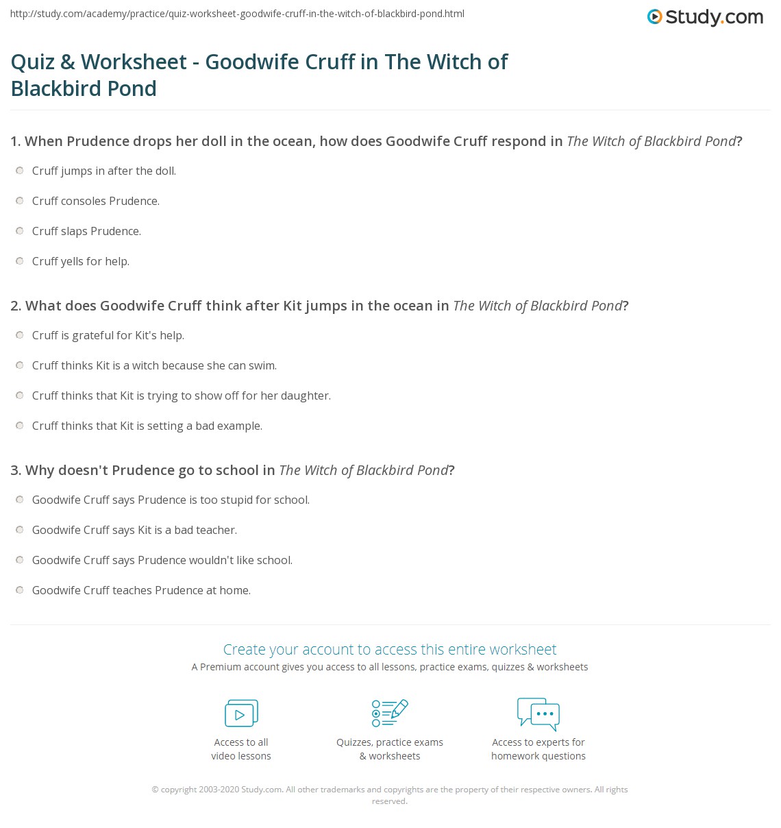 Quiz & Worksheet - Goodwife Cruff in The Witch of Blackbird Pond ...