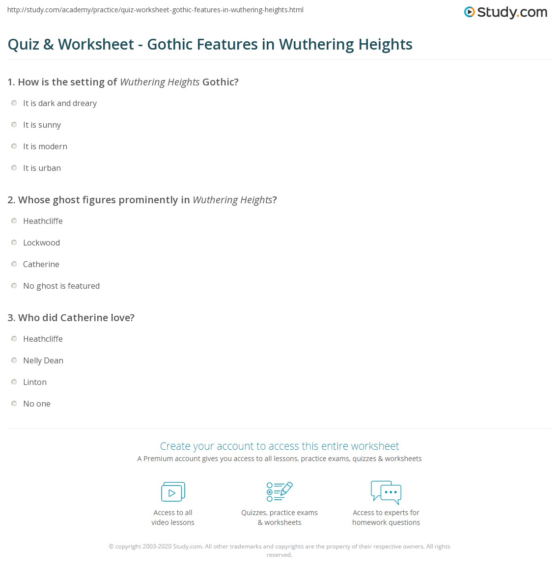 Quiz & Worksheet - Gothic Features in Wuthering Heights | Study.com