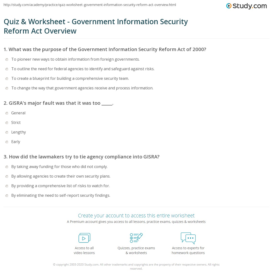 Quiz & Worksheet - Government Information Security Reform Act Overview ...