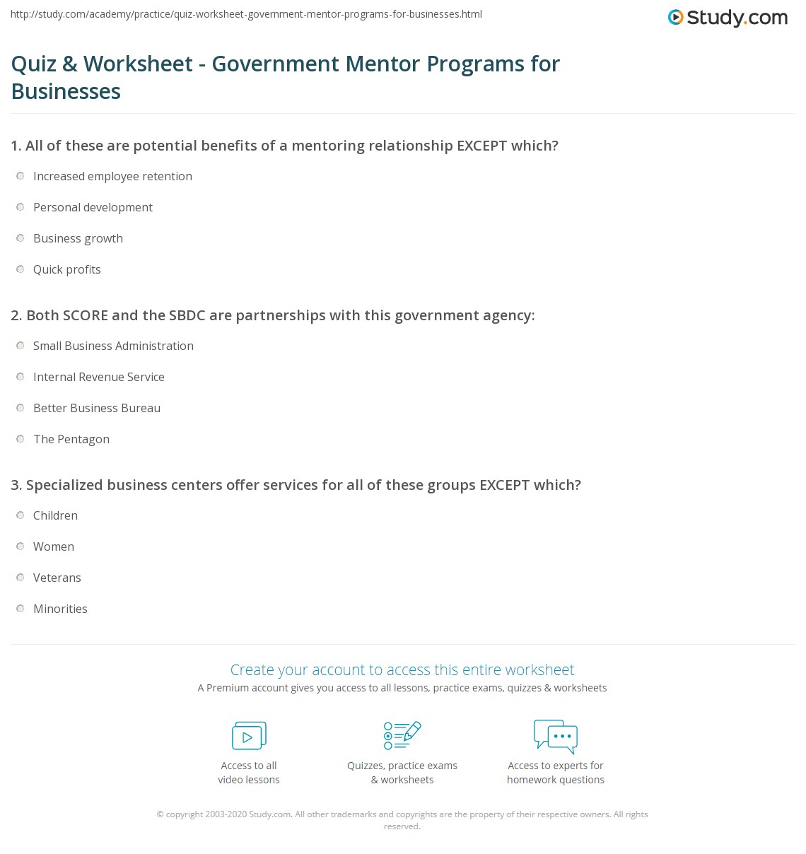 Quiz & Worksheet - Government Mentor Programs for Businesses | Study.com