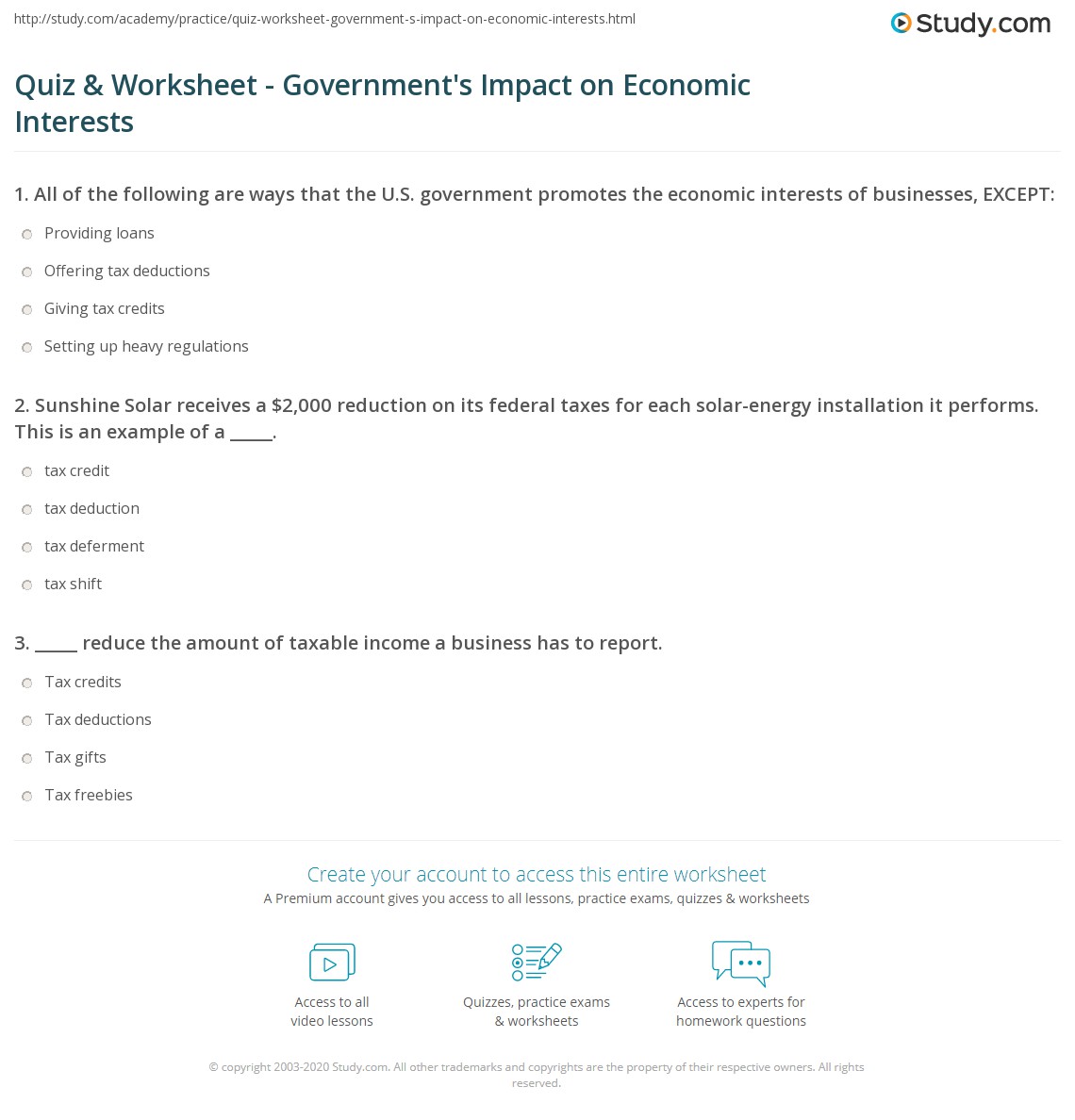 Quiz & Worksheet - Government's Impact on Economic Interests | Study.com
