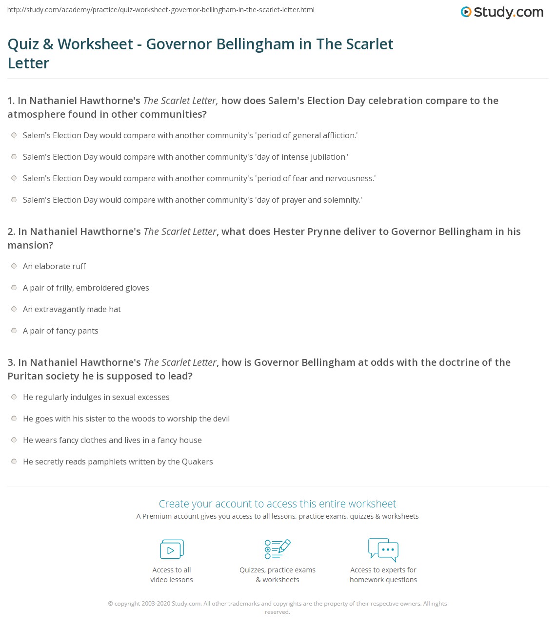 Quiz & Worksheet - Governor Bellingham in The Scarlet Letter | Study.com