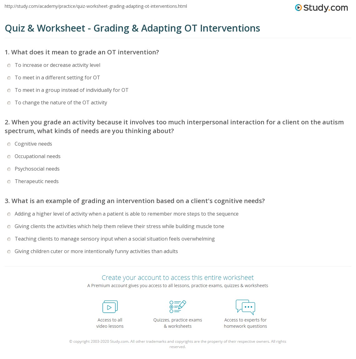 Quiz & Worksheet - Grading & Adapting OT Interventions | Study.com